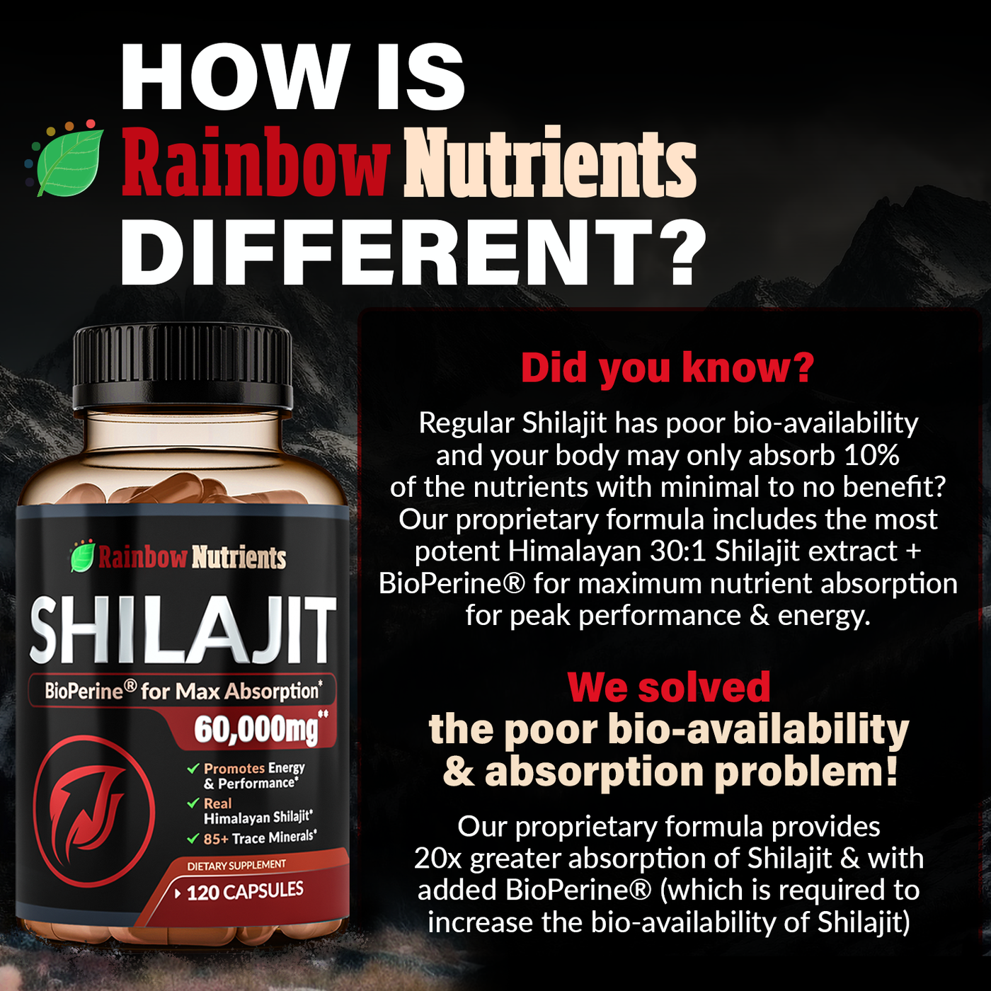 Shilajit with BioPerine® (120 Veggie Capsules) - Rainbow Nutrients